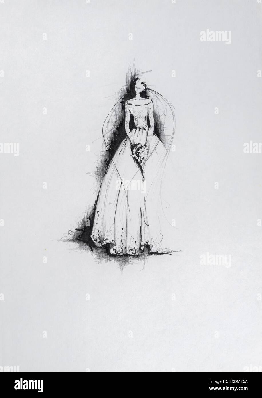 Illustration of a wedding dress, for invitation card, pencil drawing ...