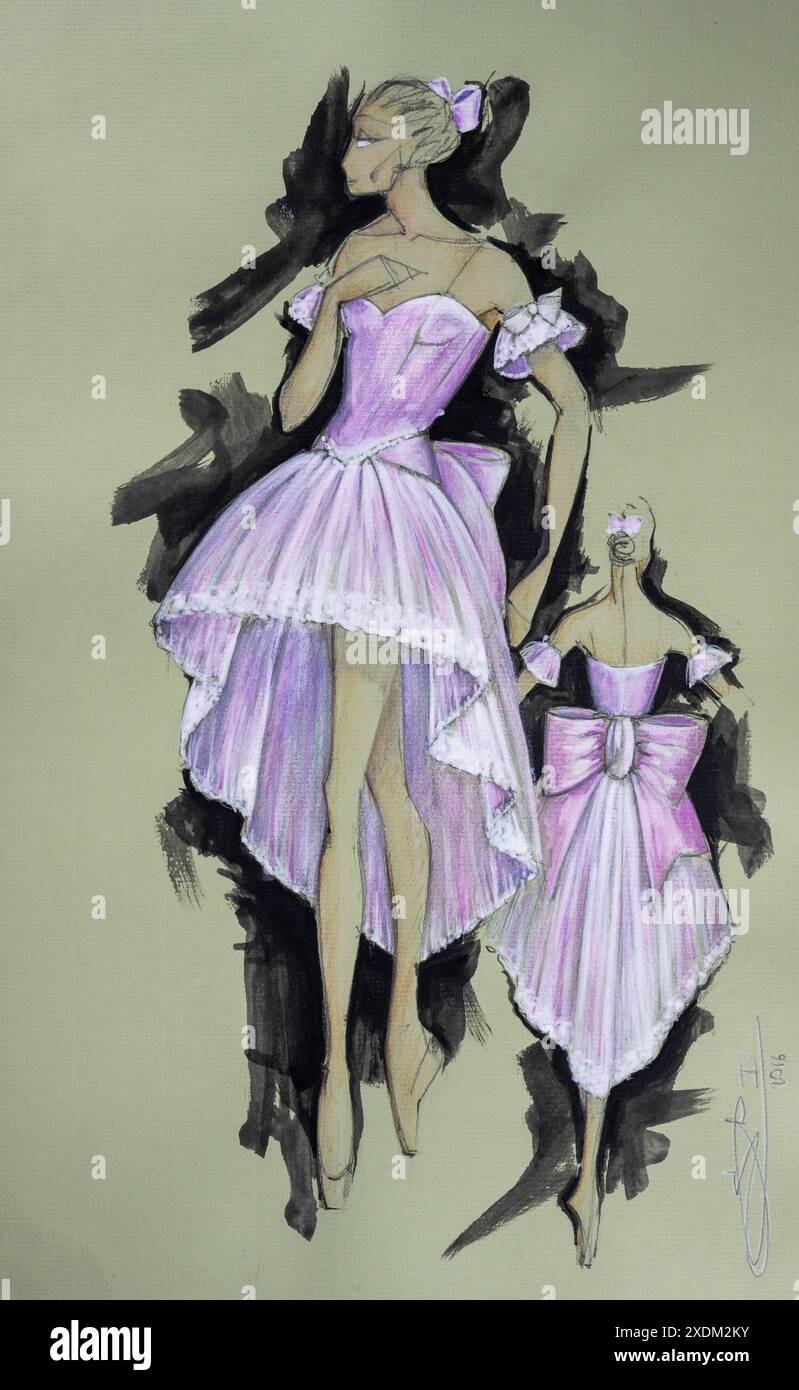 Dance, ballet, theatre costume, pencil drawing, sketch, mixed media ...