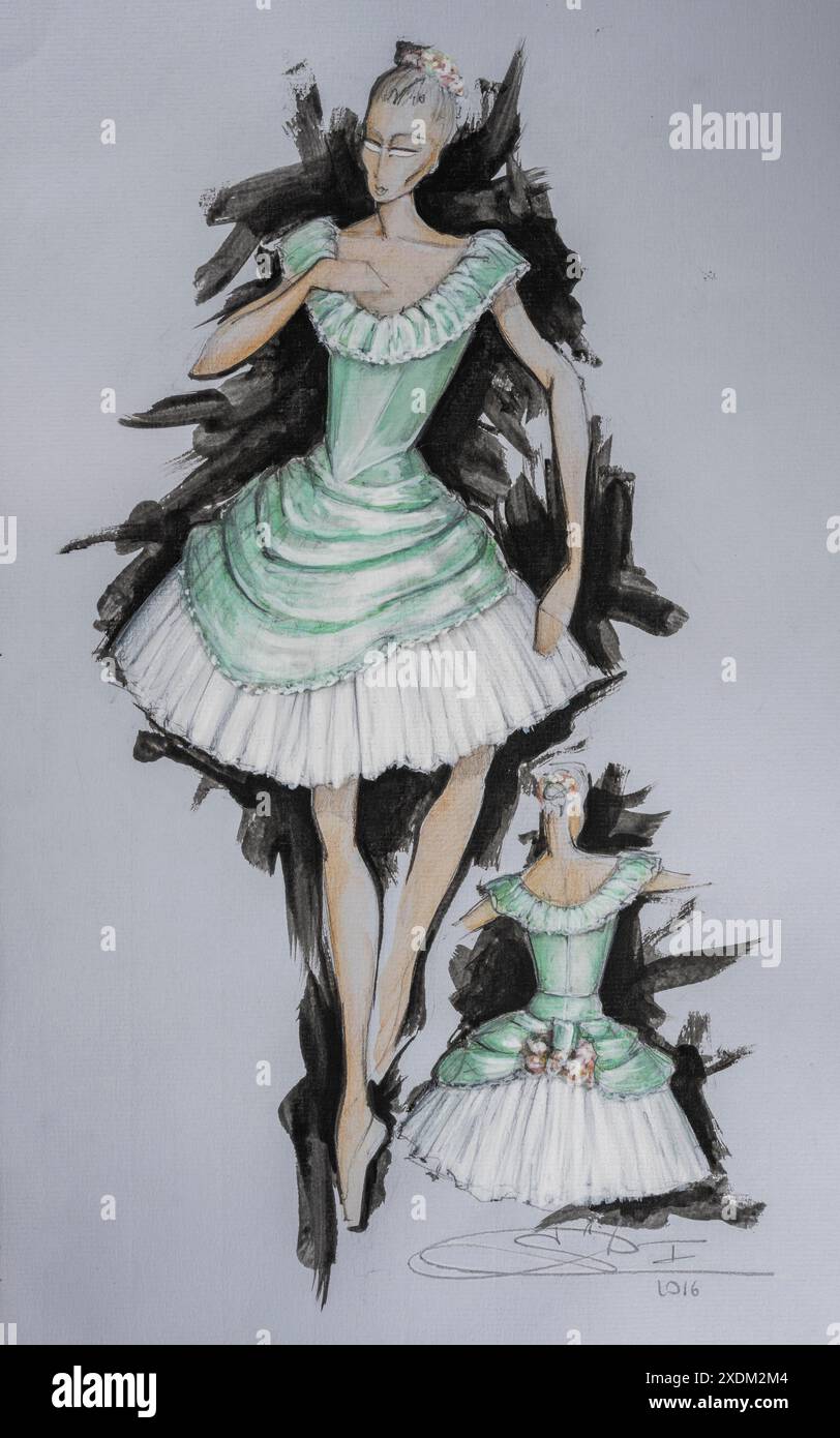 Dance, ballet, theatre costume, pencil drawing, sketch, mixed media ...