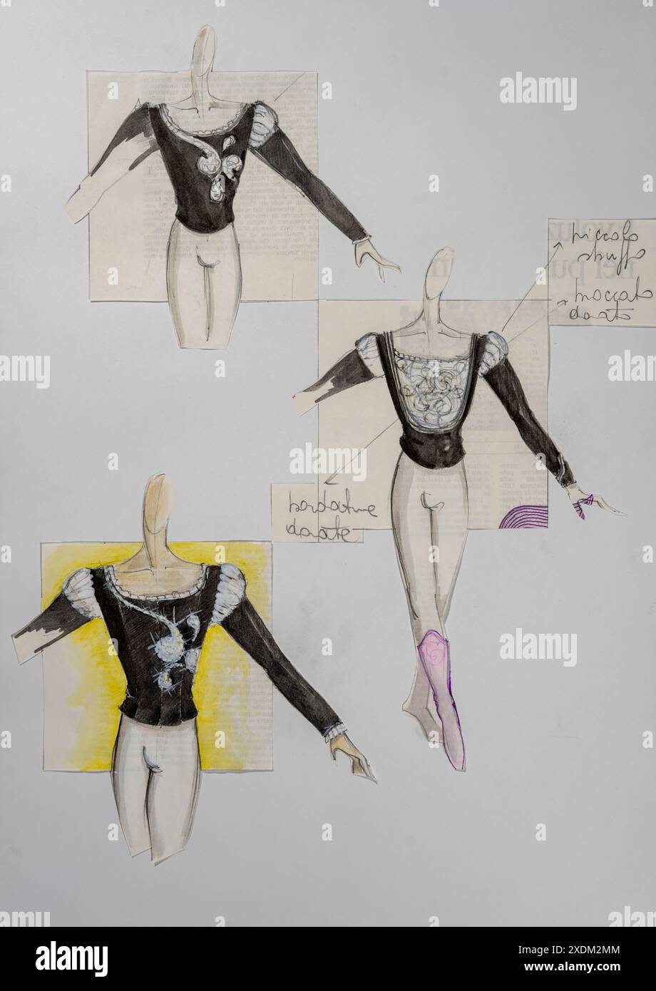 Dance, ballet, theatre costume, pencil drawing, sketch, mixed media ...