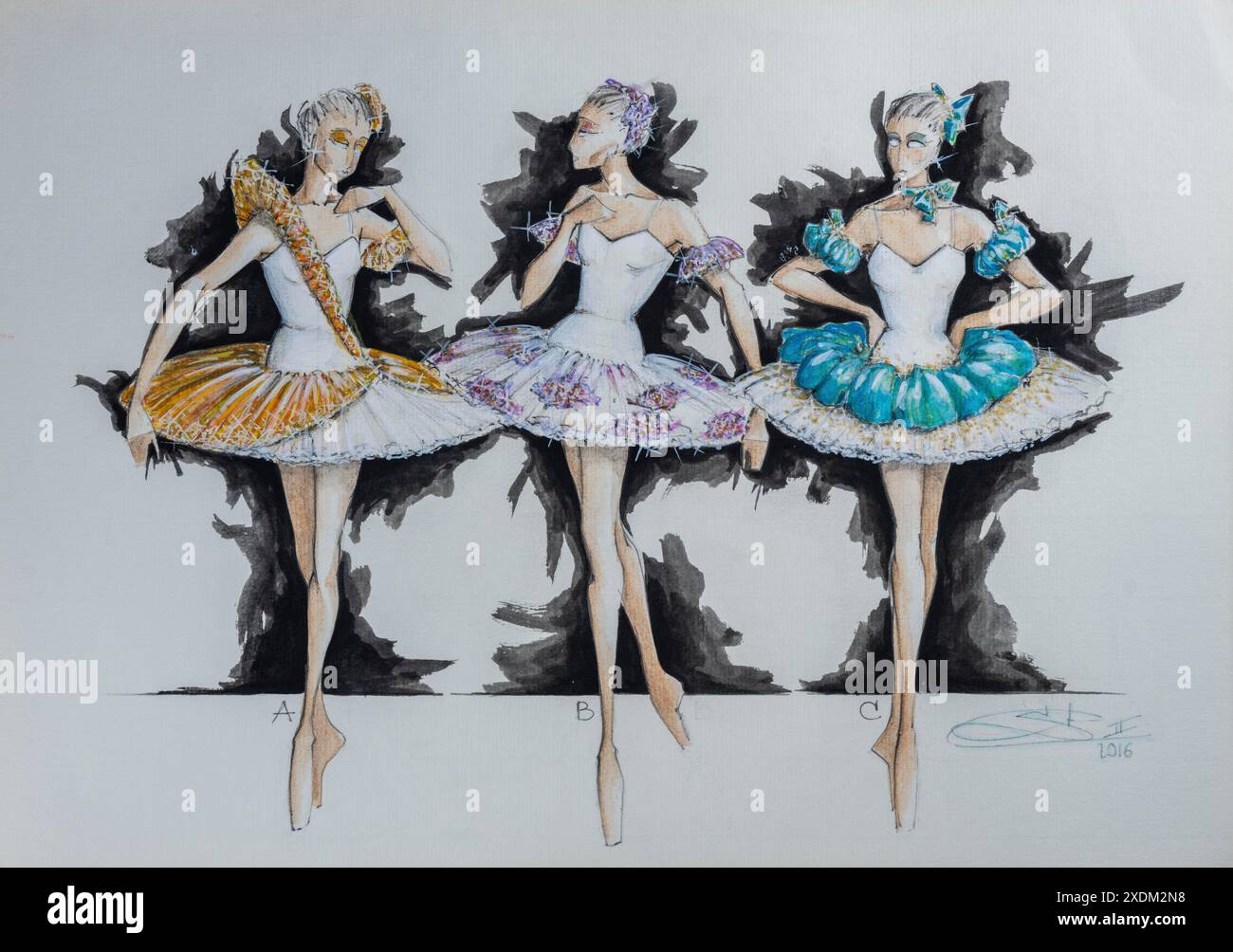 Dance, ballet, theatre costume, pencil drawing, sketch, mixed media ...