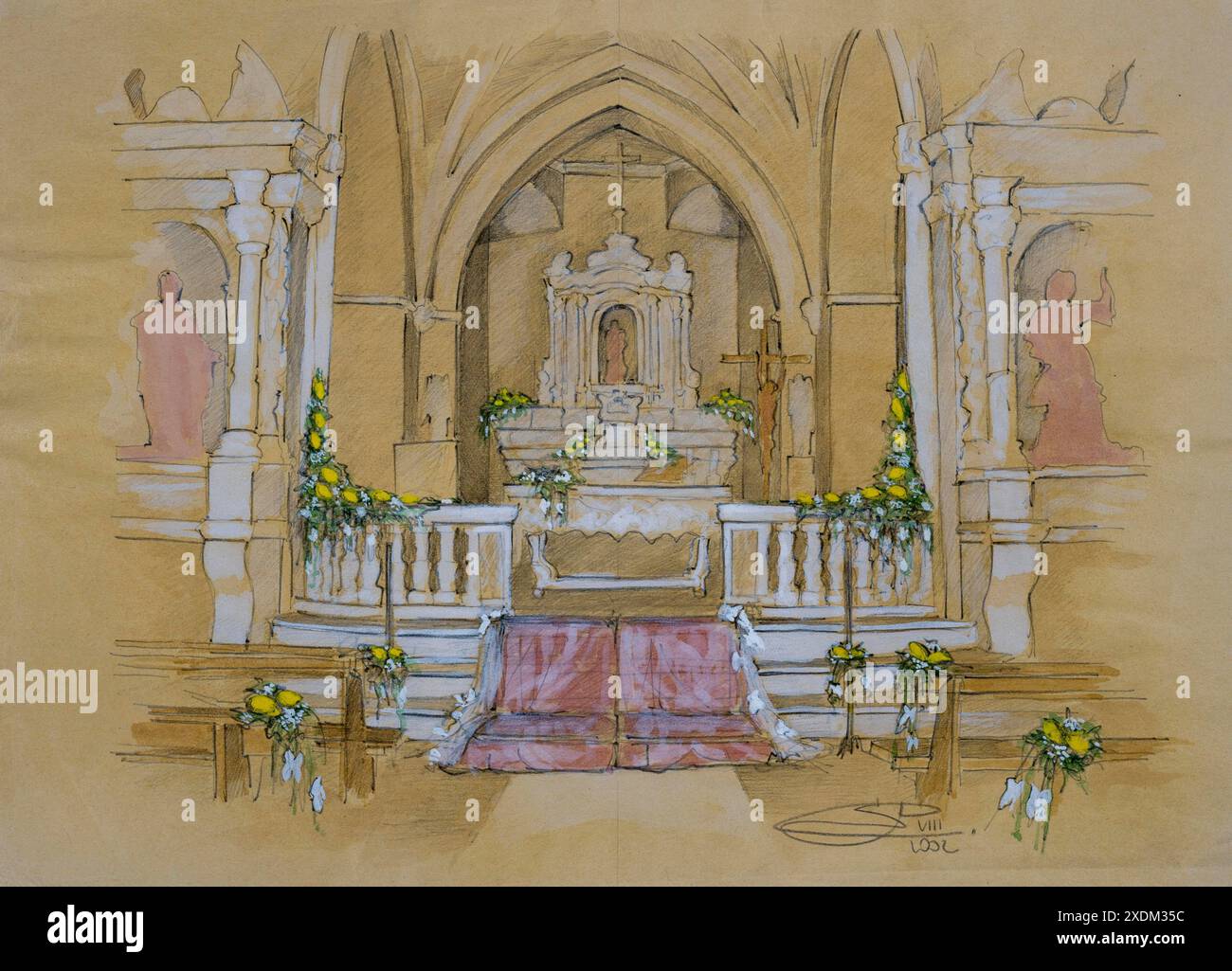 Design for floral decoration for a church wedding, pencil drawing ...