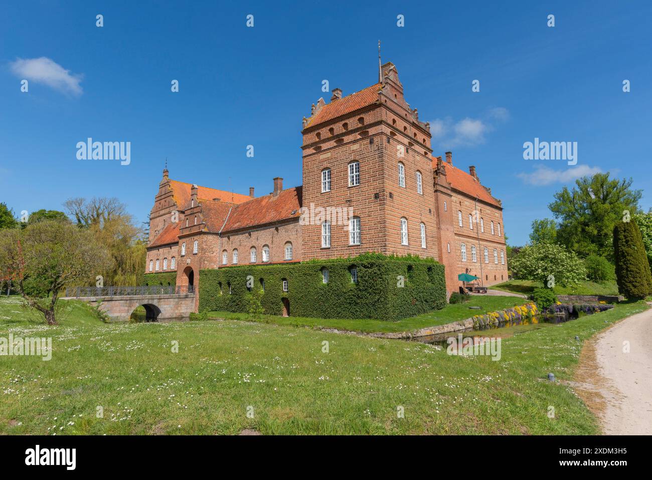 Holckenhavn Castle, hotel, brick building, moat, bridge, entrance gate ...