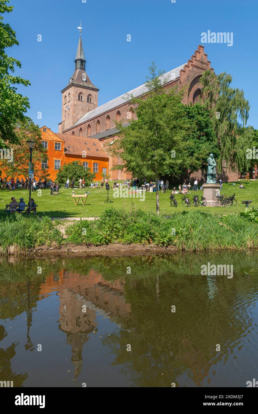 Odense, green area, brick building cathedral church, St Knuds church ...