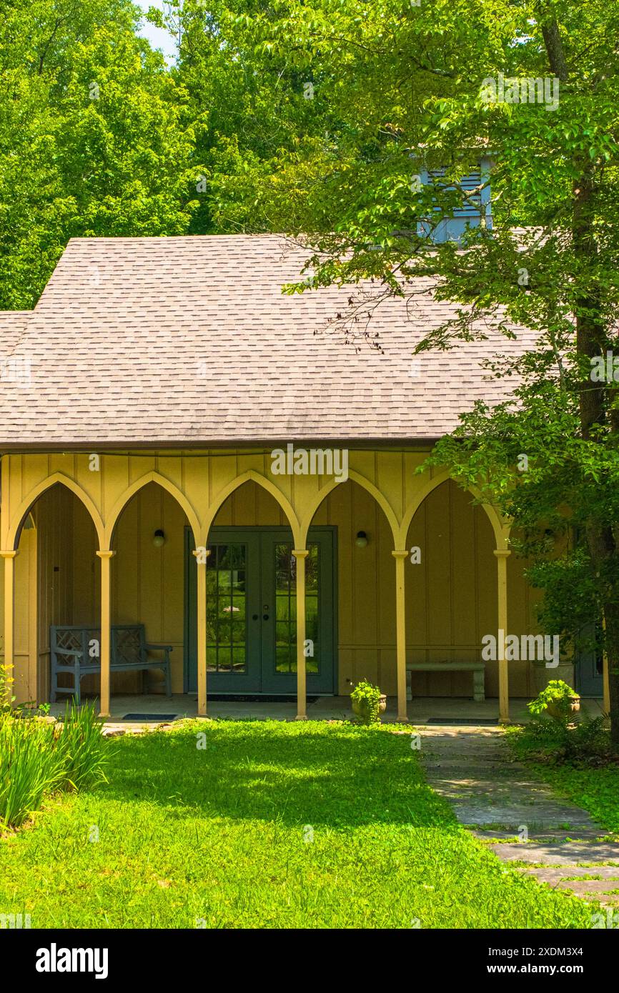 Gothic arch supports on a porch of a church in Rugby, Tennessee Stock ...