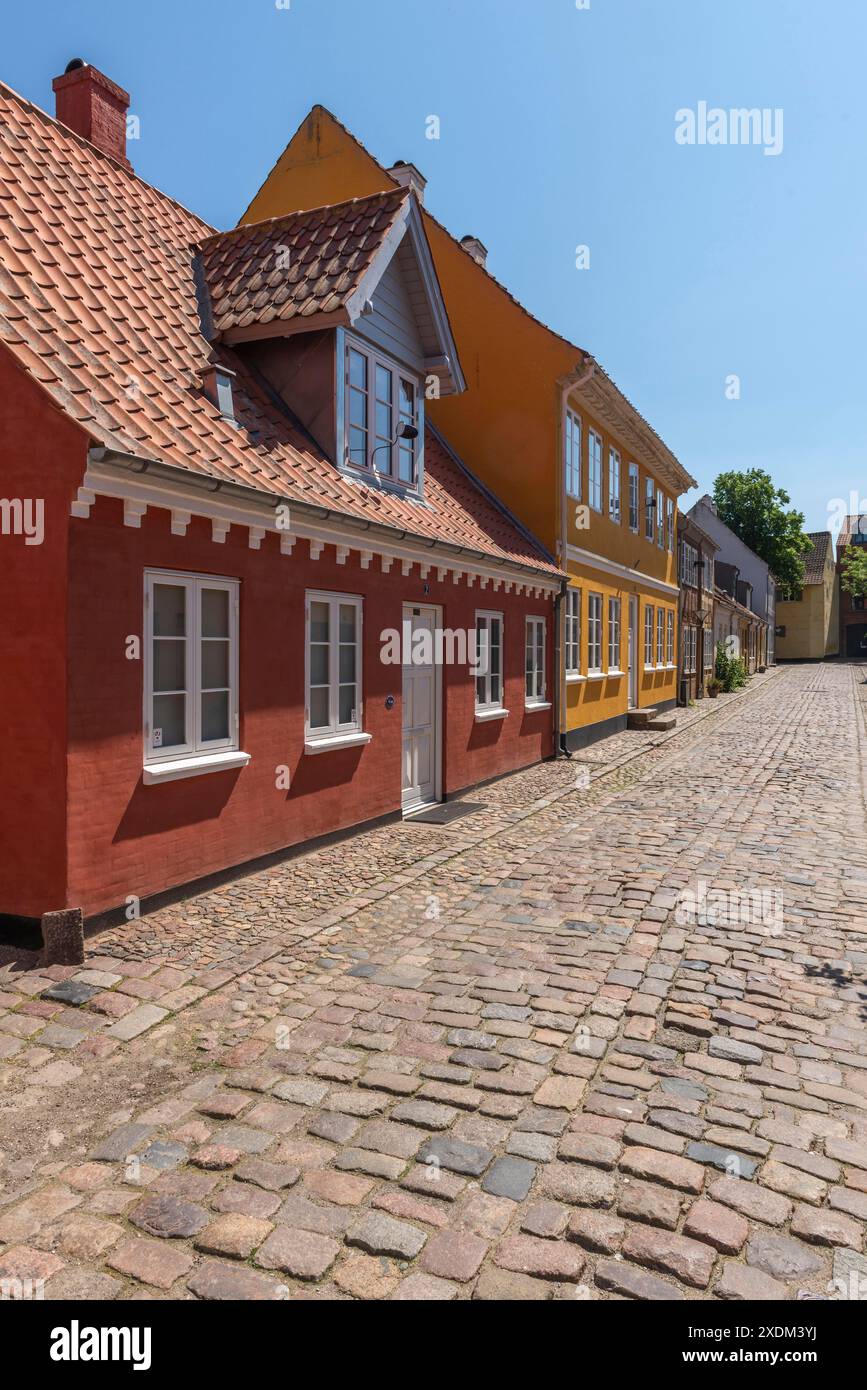Odense, cobblestone streets in the old town, colourful houses, eaves ...