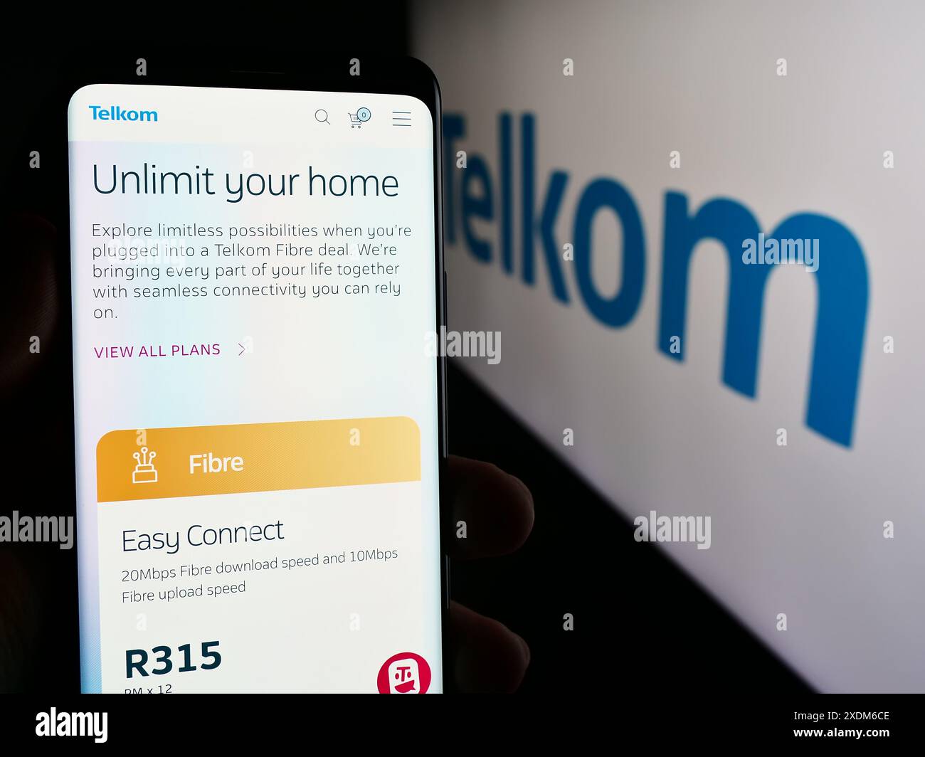 Person holding mobile phone with web page of South African company ...