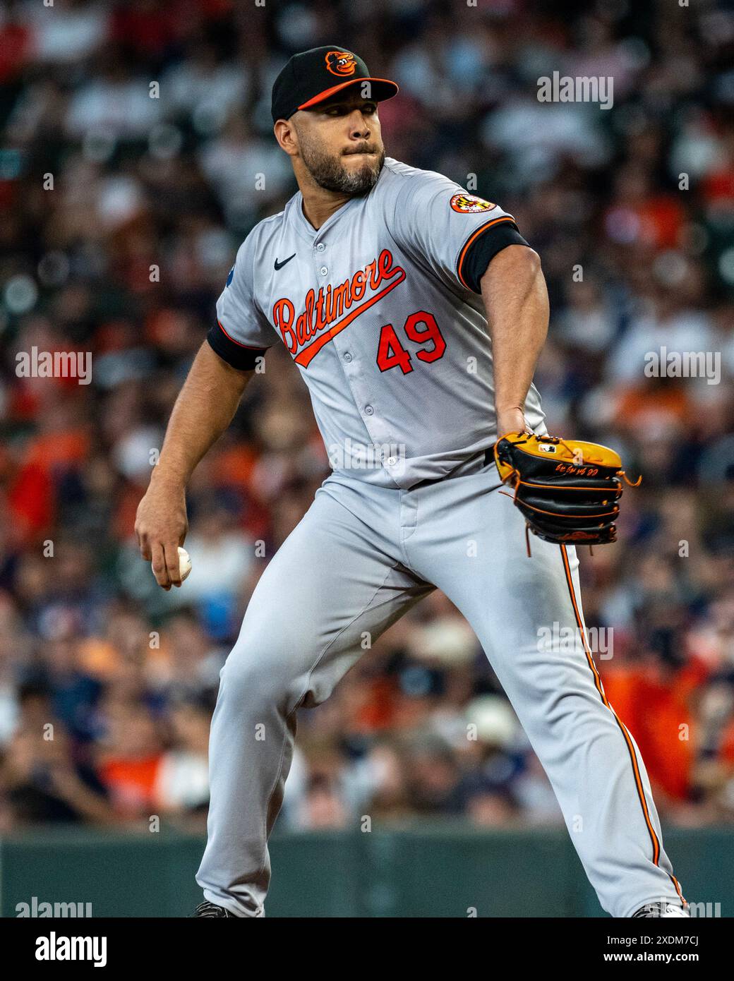 Texas, USA. 23rd June, 2024. Albert Suarez #49 of the Baltimore Orioles ...