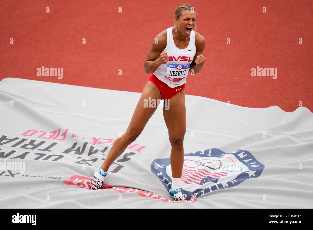 Cheyenne Nesbitt reacts during the heptathlon high jump during the U.S ...