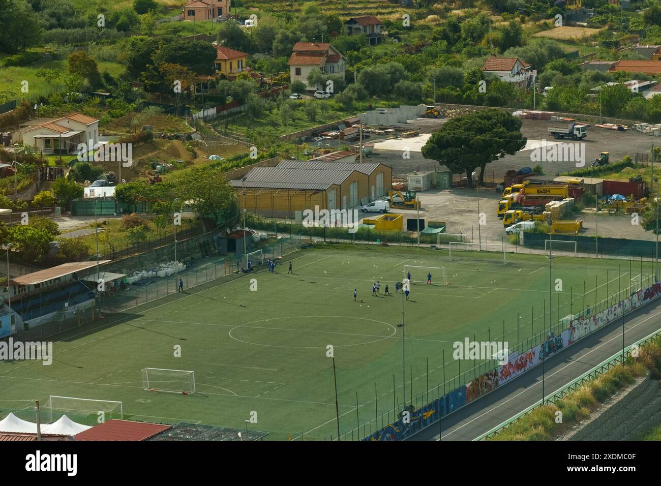 Imperia, Italy - May 12, 2023: An aerial view of a soccer field in a ...