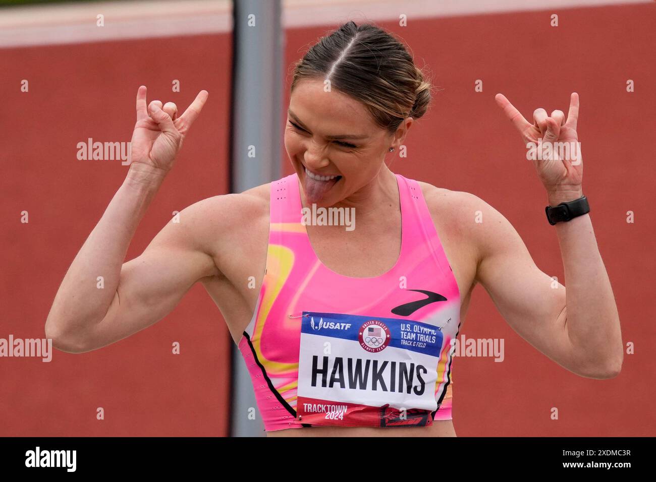 Chari Hawkins reacts in the heptathlon high jump during the U.S. Track ...