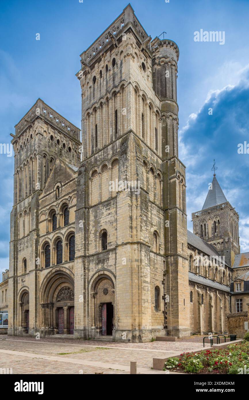 Historic view of Abbaye Aux Dames located in Caen, Normandy, France. An ...