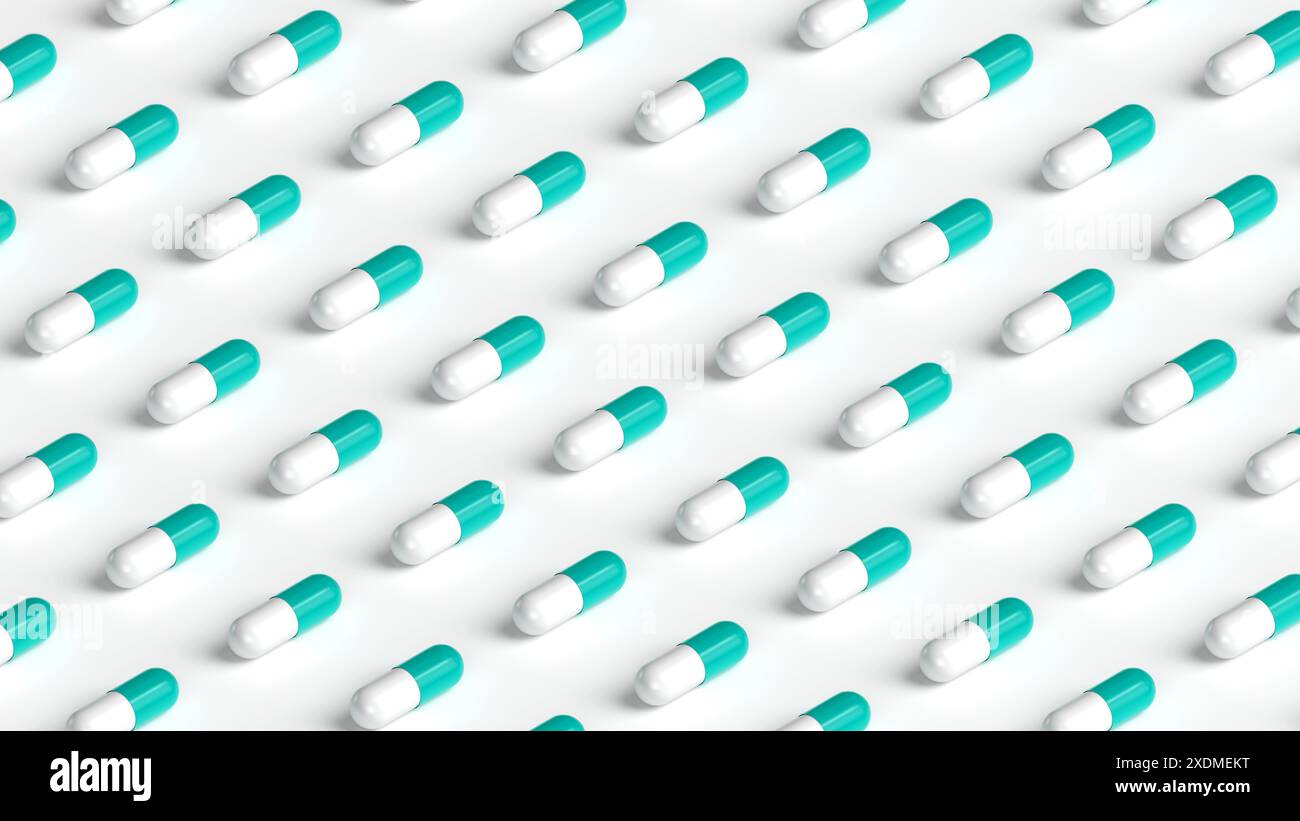 Many white turquoise capsules on white background, tablet grid. Drug ...