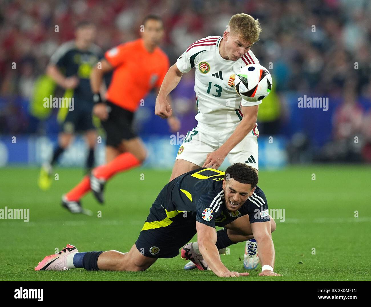 Hungary's Andras Schafer and Scotland's Che Adams battle for the ball ...