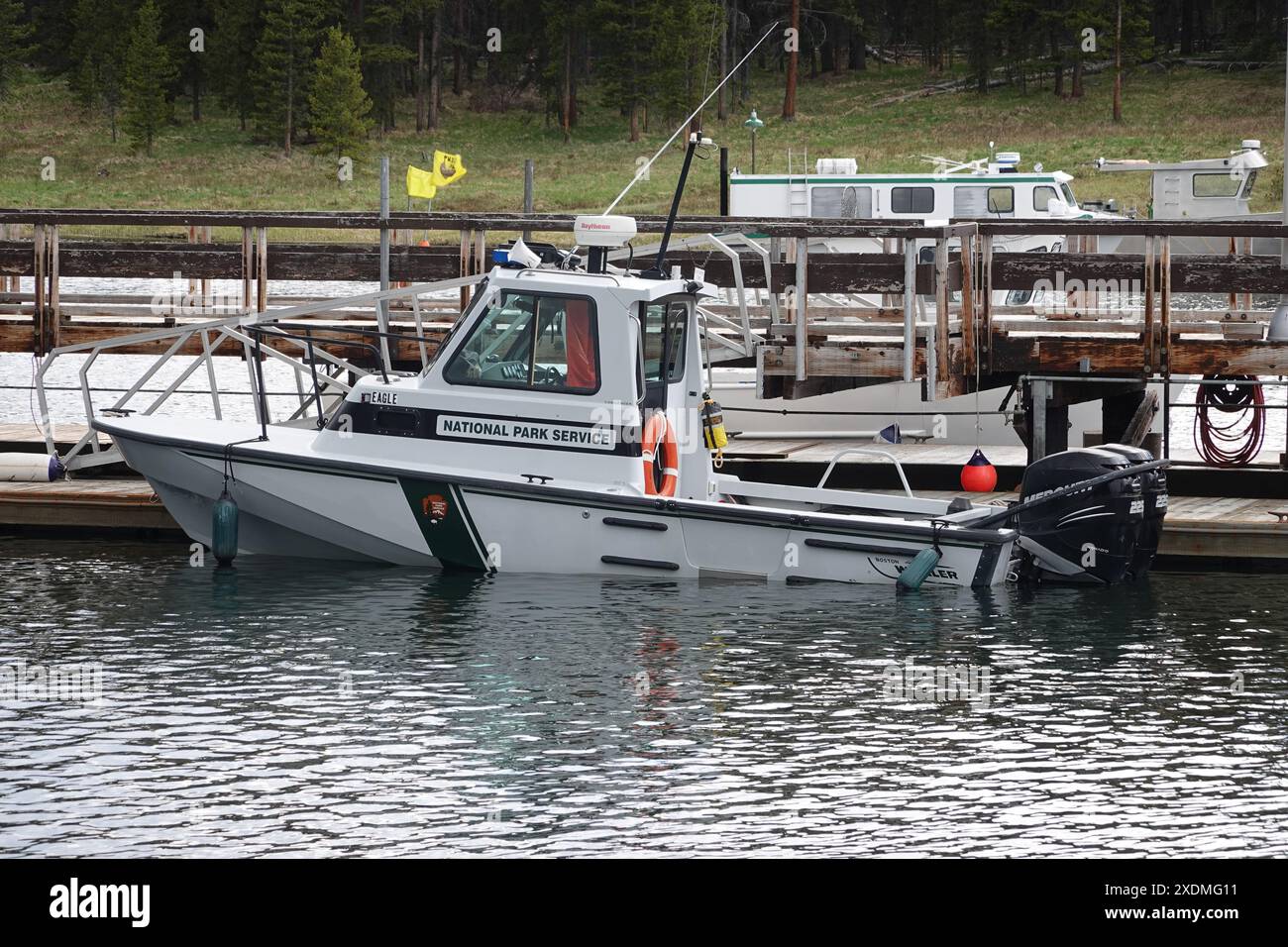 National Parks Service boat at a boat dock at Bridge bay on Yellowstone ...