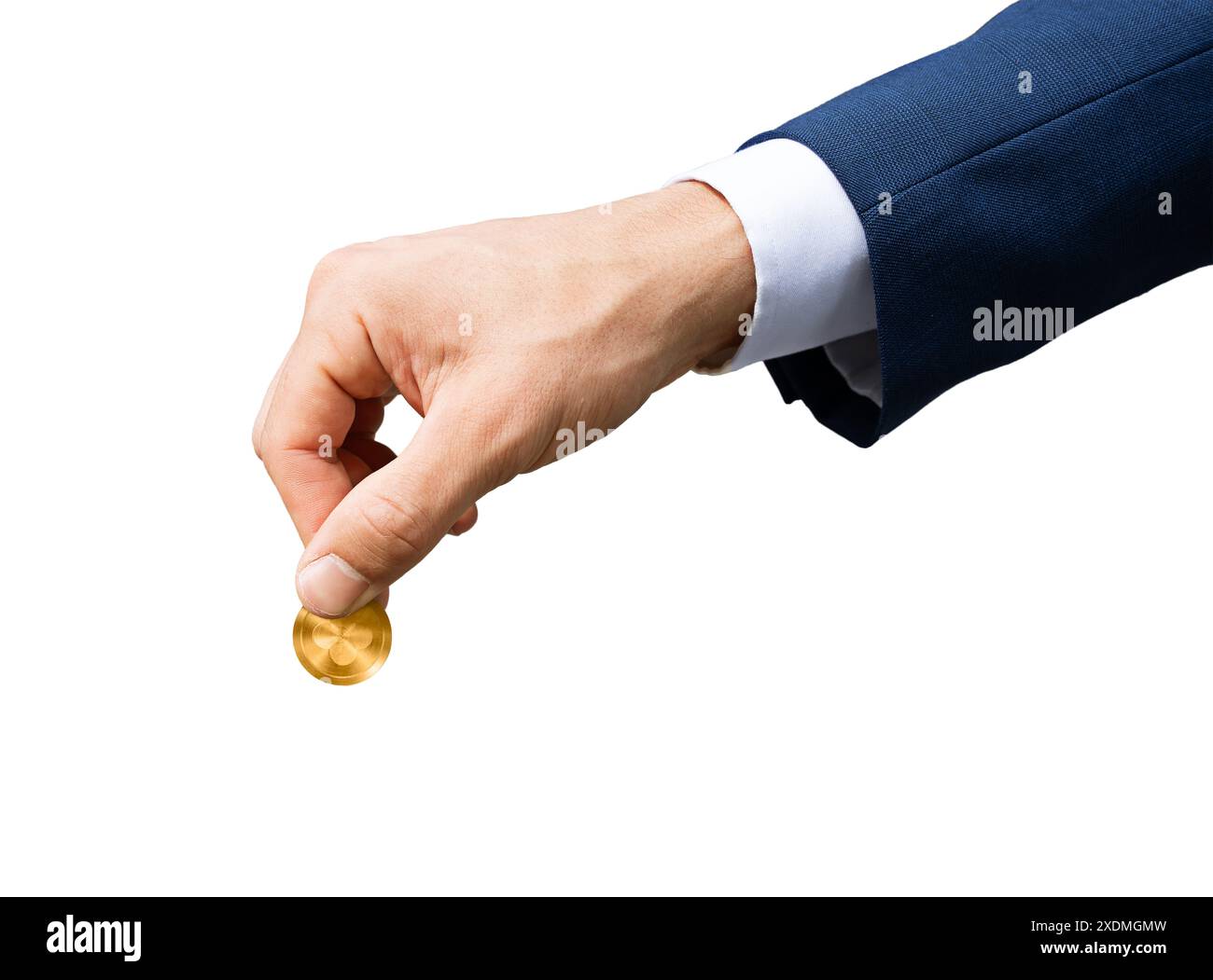 Man hand in suit grasping a gold generic coin against a plain white ...