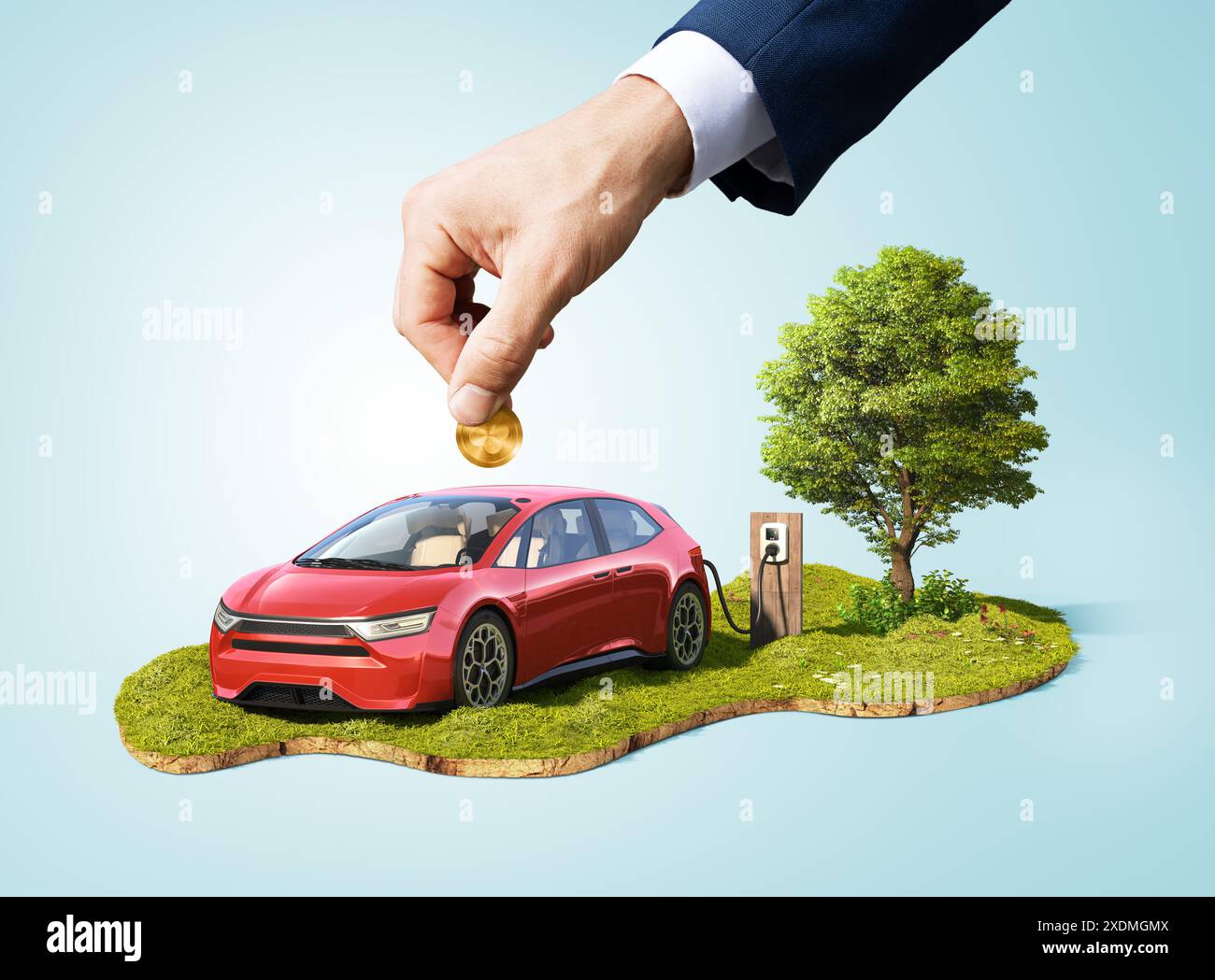 Sustainable energy generic electric car, charging stations, tree ...