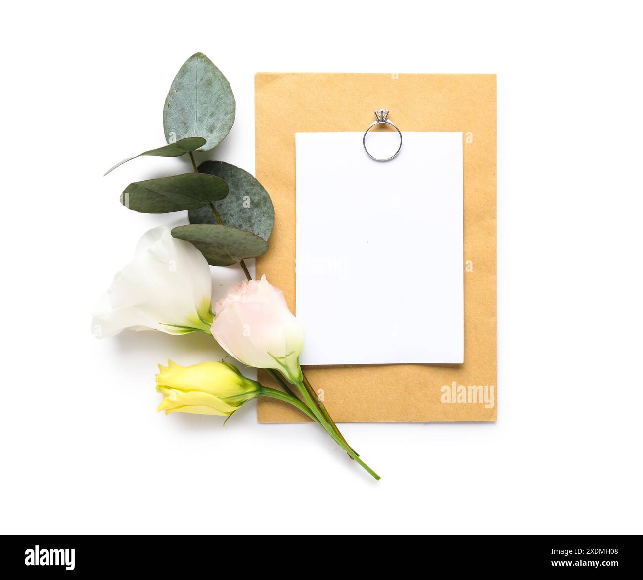Composition with blank cards, engagement ring and beautiful eustoma ...