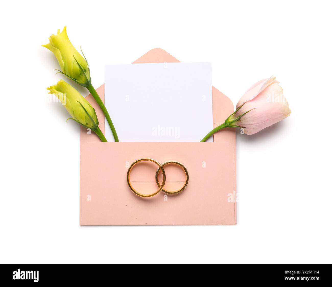 Composition with envelope, blank card, eustoma flowers and wedding ...
