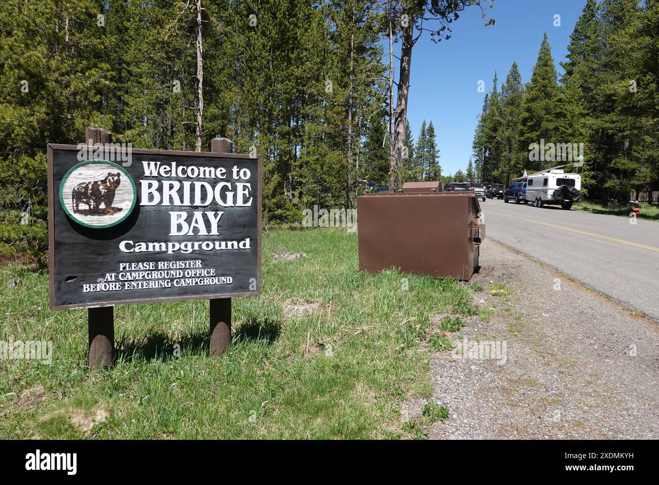 Bridge Bay Campground, Yellowstone National Park entrance sign Stock ...