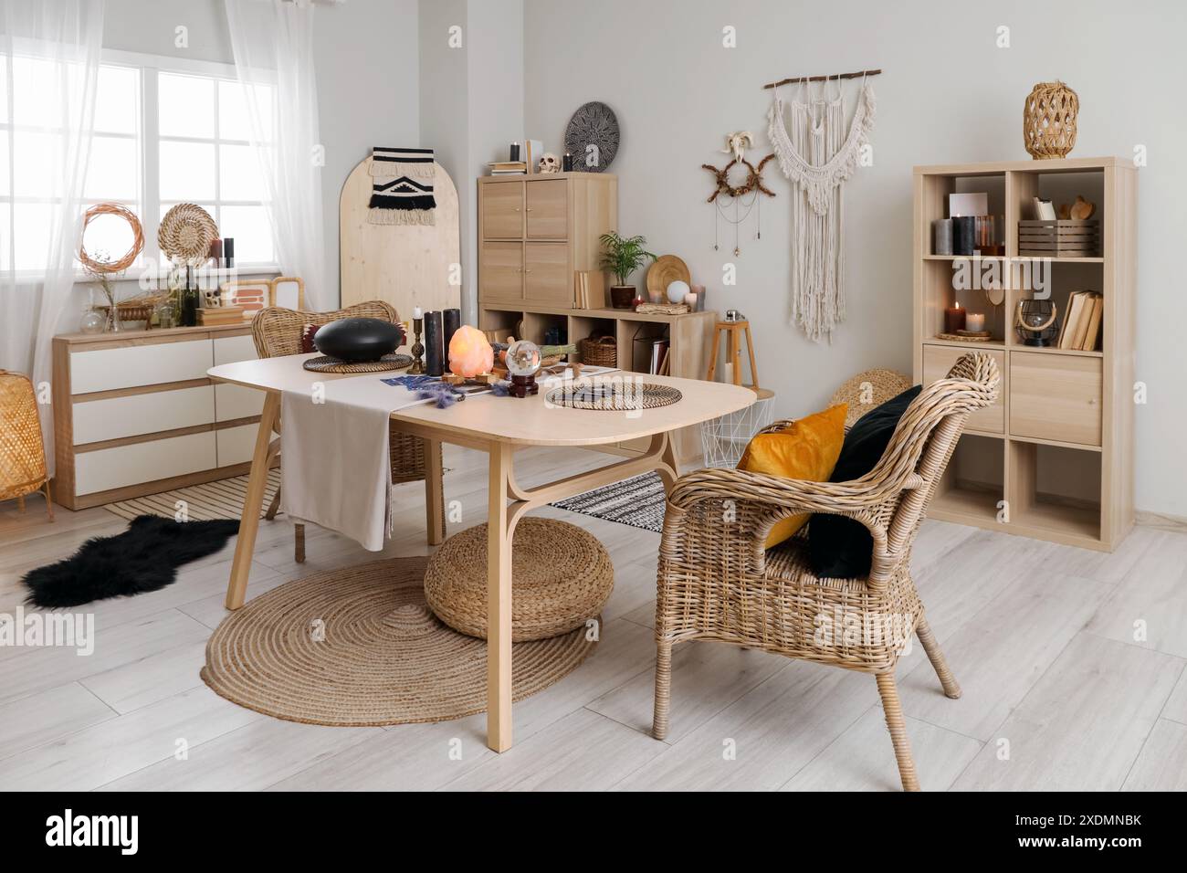 Interior of witch's room with magic attributes, table and drawers Stock ...