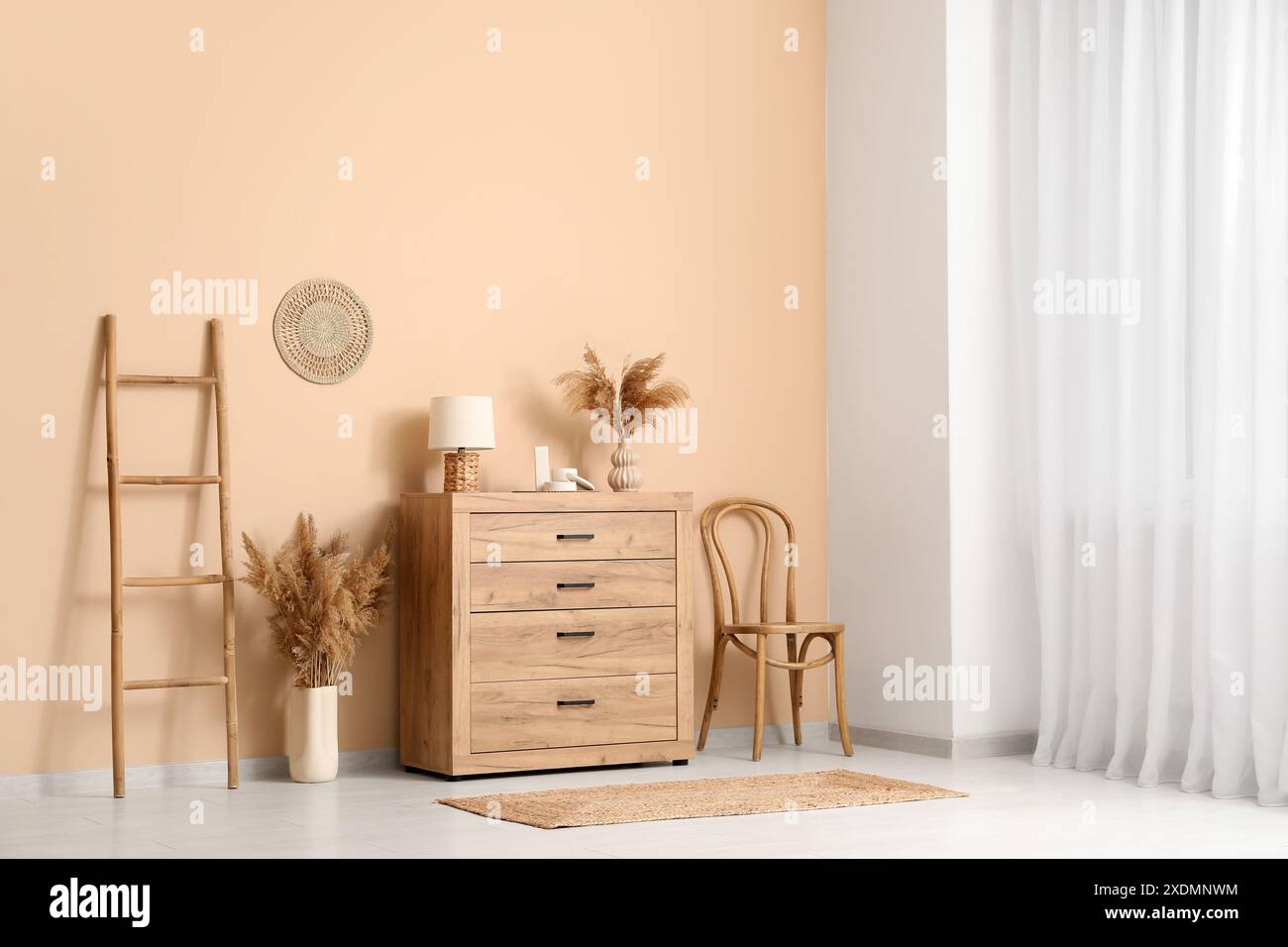 Wooden chest of drawers with vase of pampas grass and ladder near beige ...