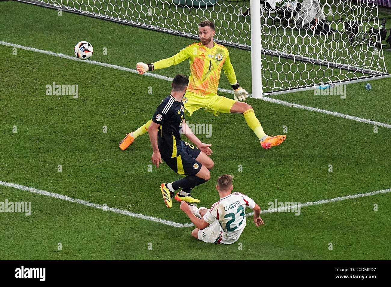 Hungary's Kevin Csoboth, bottom, shoots past Scotland's goalkeeper ...