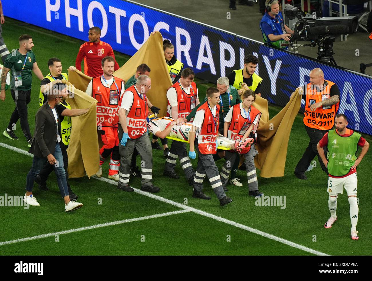 Hungary's Barnabas Varga is taken from the pitch on a stretcher during ...