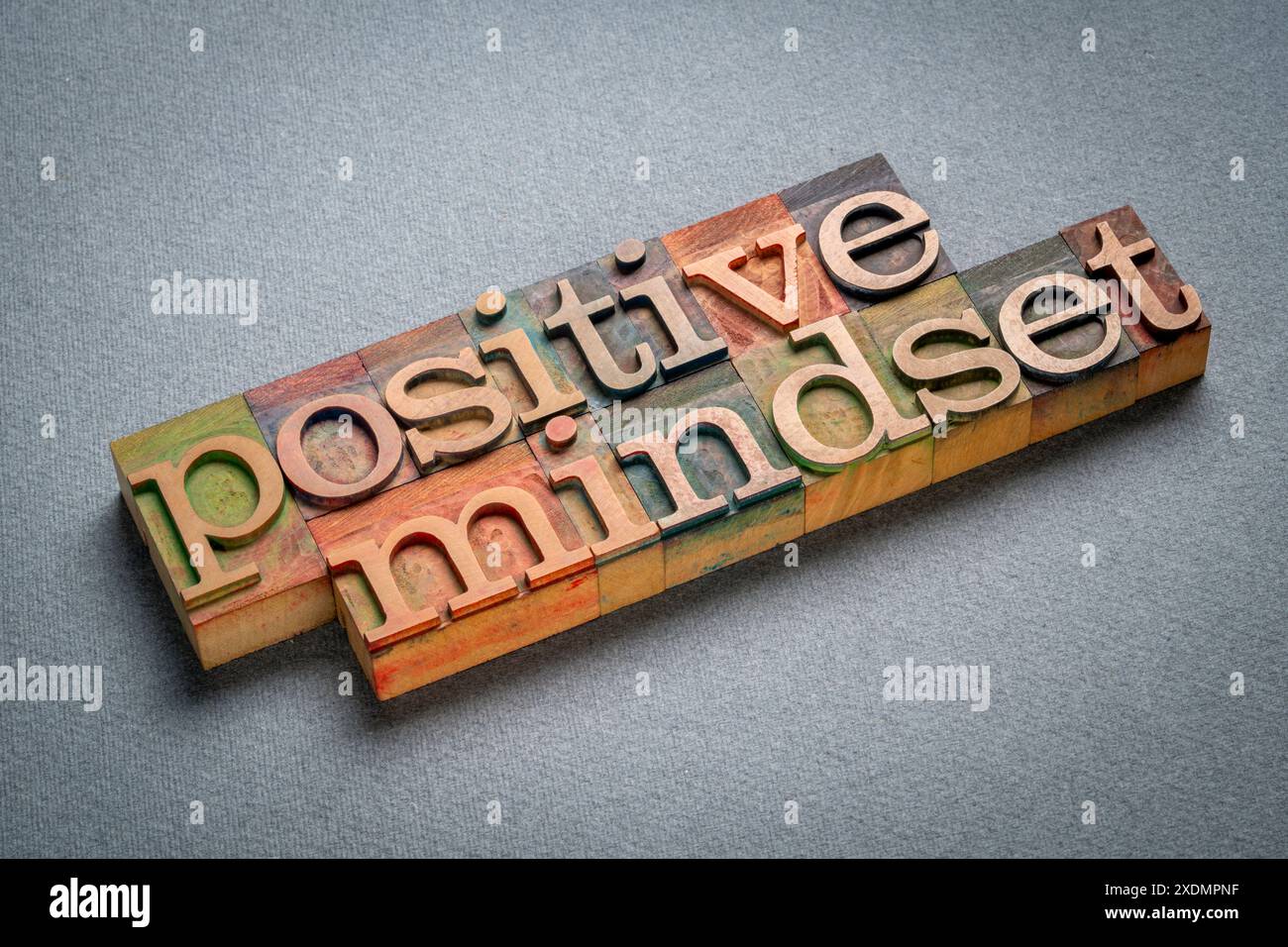 positive mindset - text in retro letterpress wood type stained by color ...