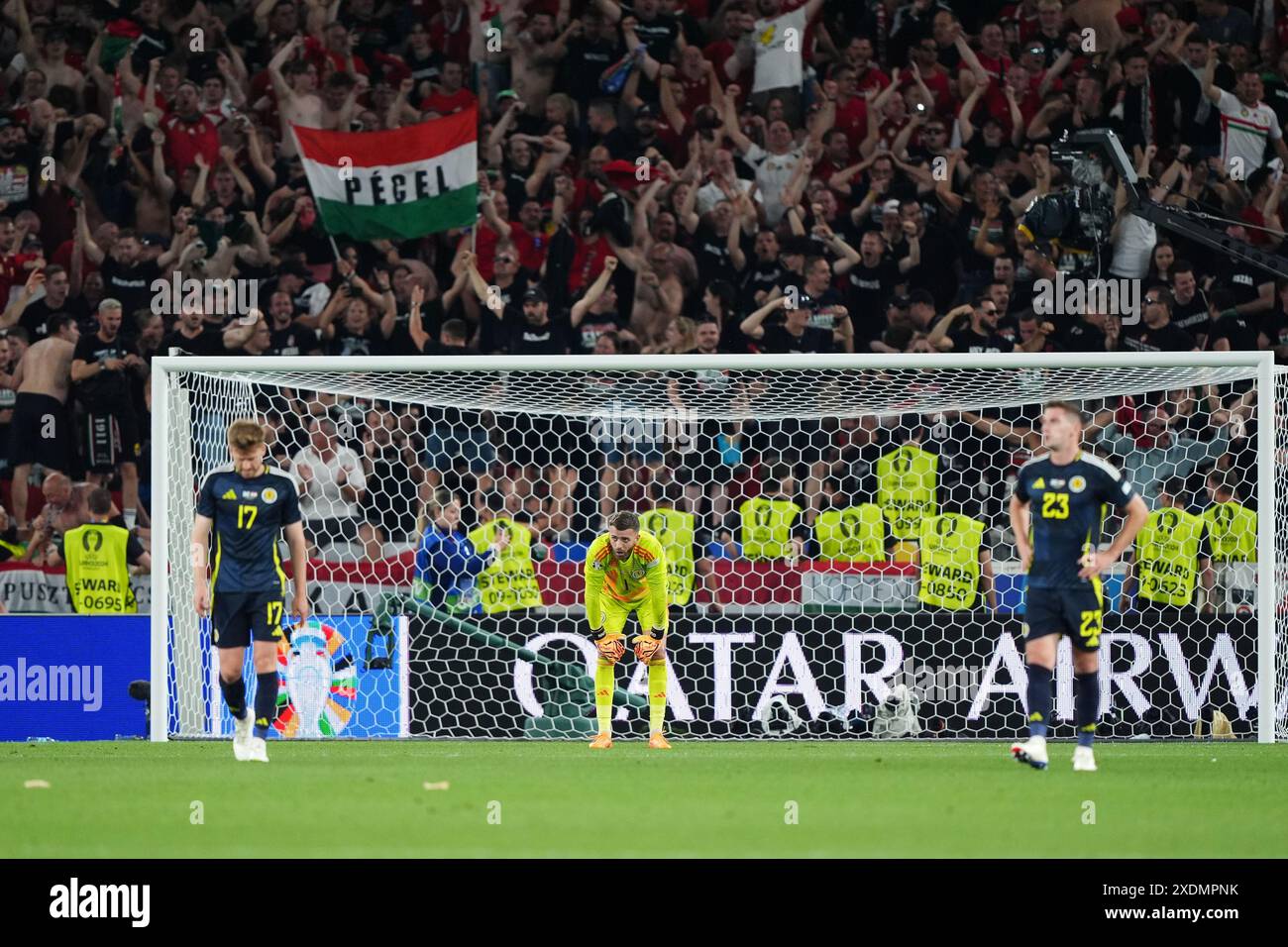 Scotland goalkeeper Angus Gunn reacts after Hungary's Kevin Csoboth ...