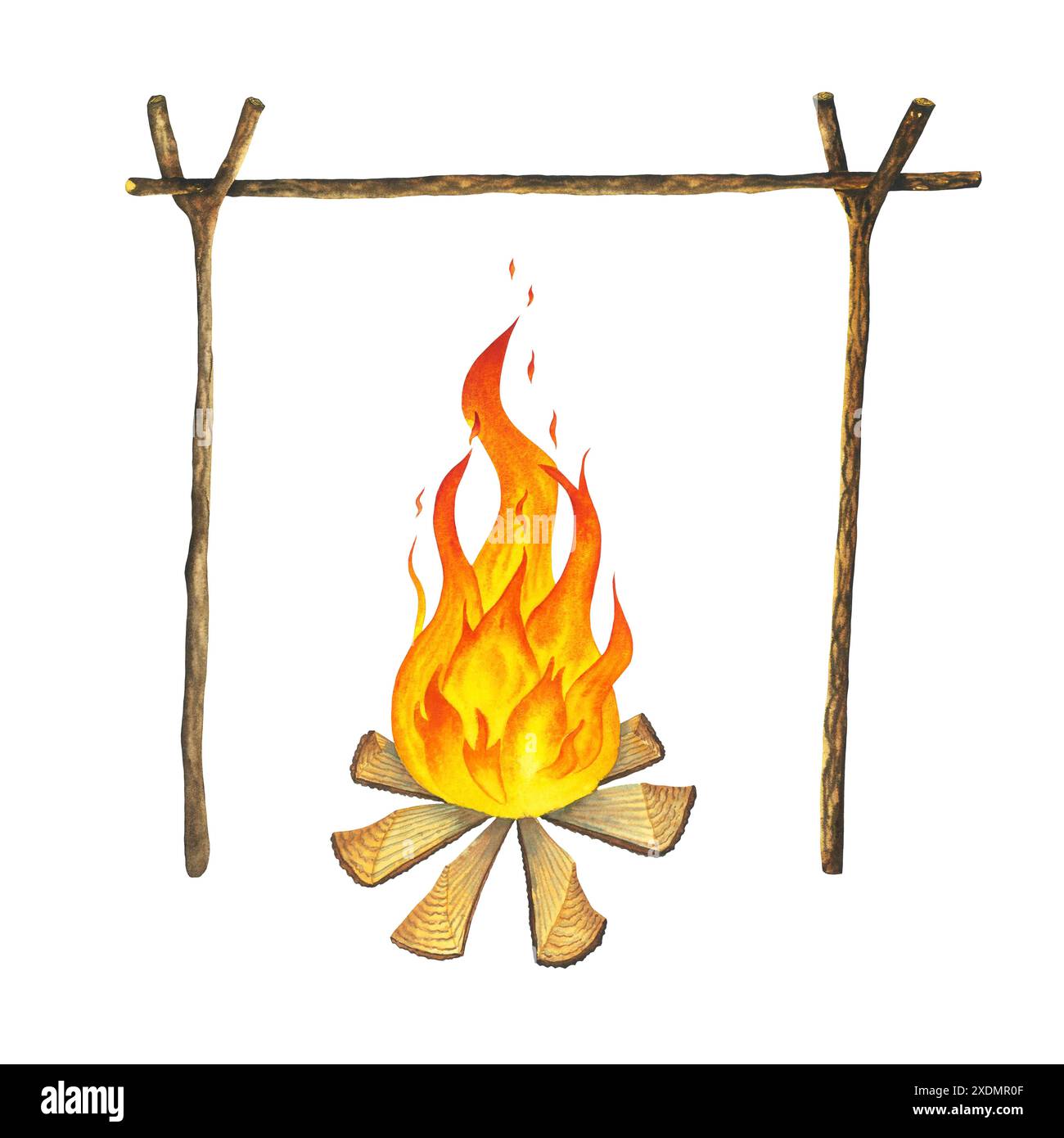 Watercolor fireplace with fire coals or woodfire with Sticks with knots ...