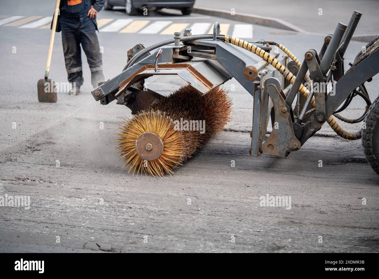 Road cleaning broom tractor with rotating brush cleans dust and stones ...