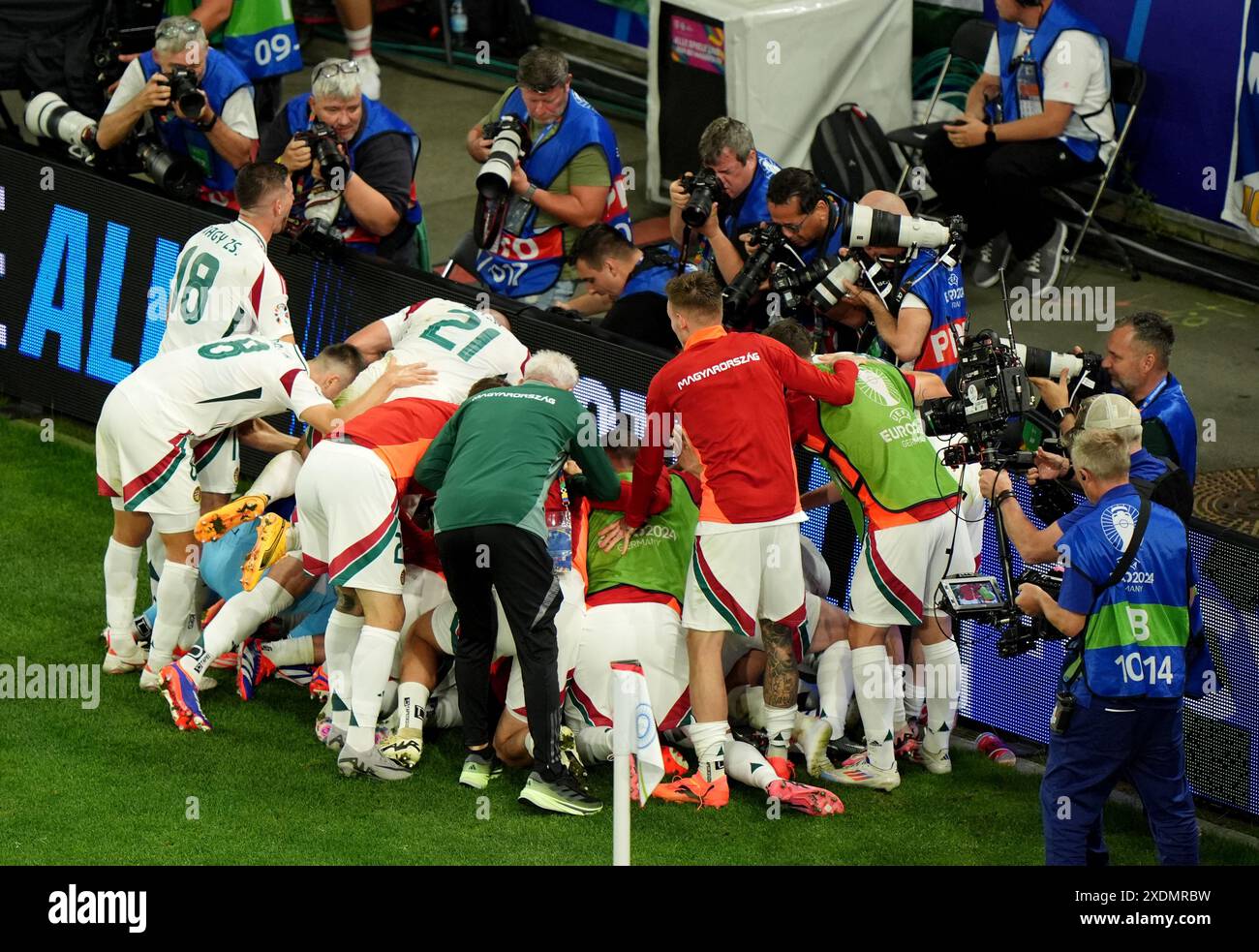 Hungary's Kevin Csoboth (obscured) is mobbed by his team mates after ...