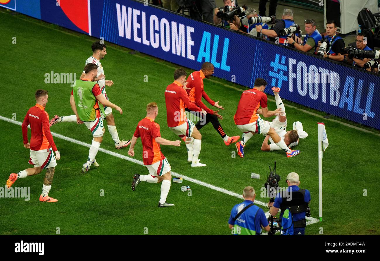 Hungary's Kevin Csoboth (right) celebrates scoring the winning goal ...