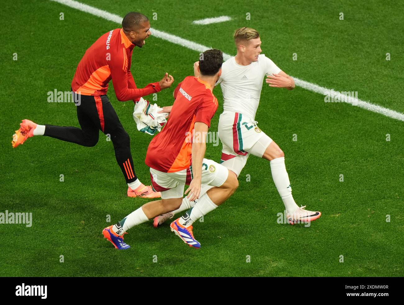 Hungary's Kevin Csoboth (right) celebrates scoring the winning goal ...