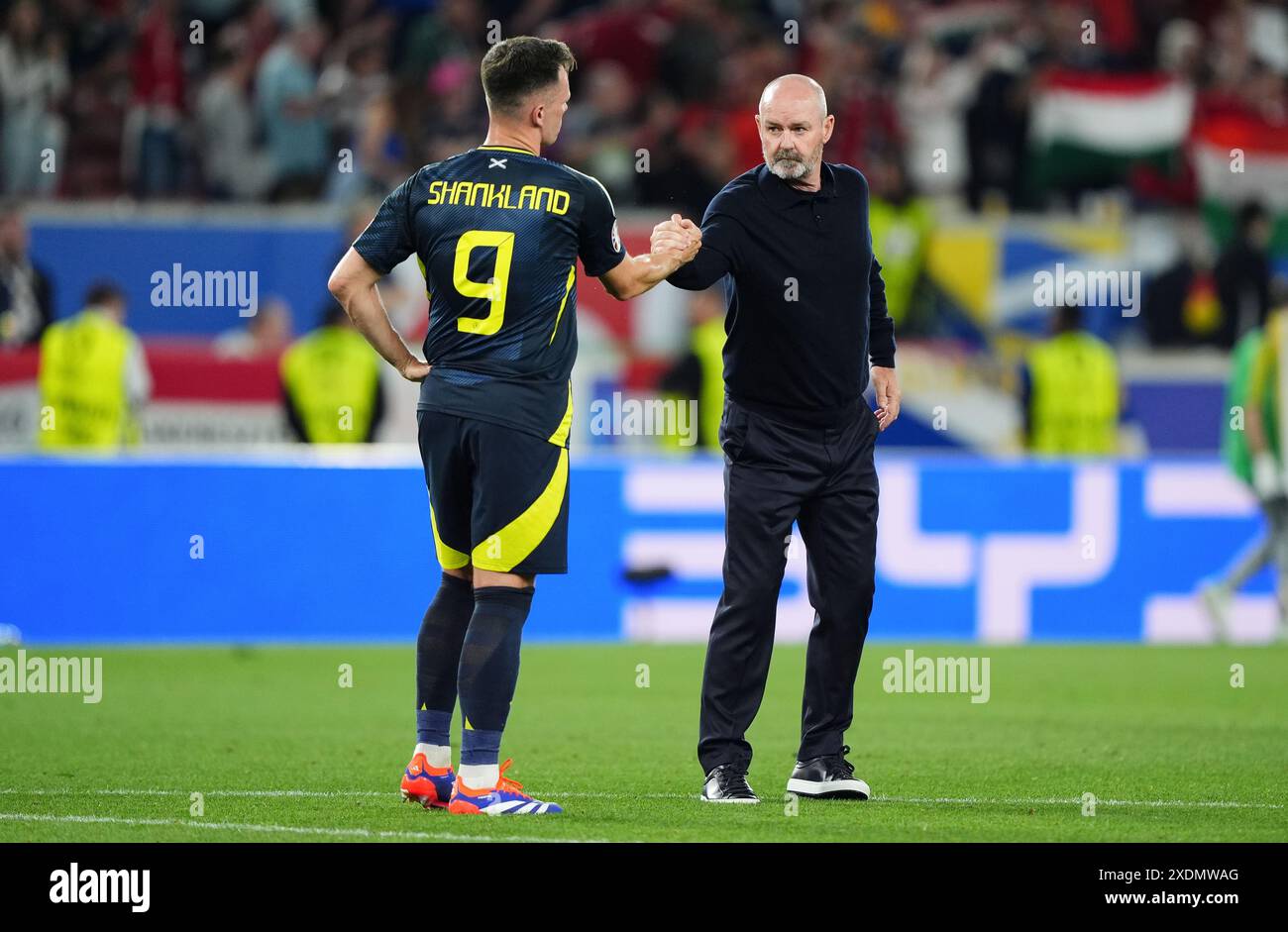 Scotland's Lawrence Shankland (left) and manager Steve Clarke following ...