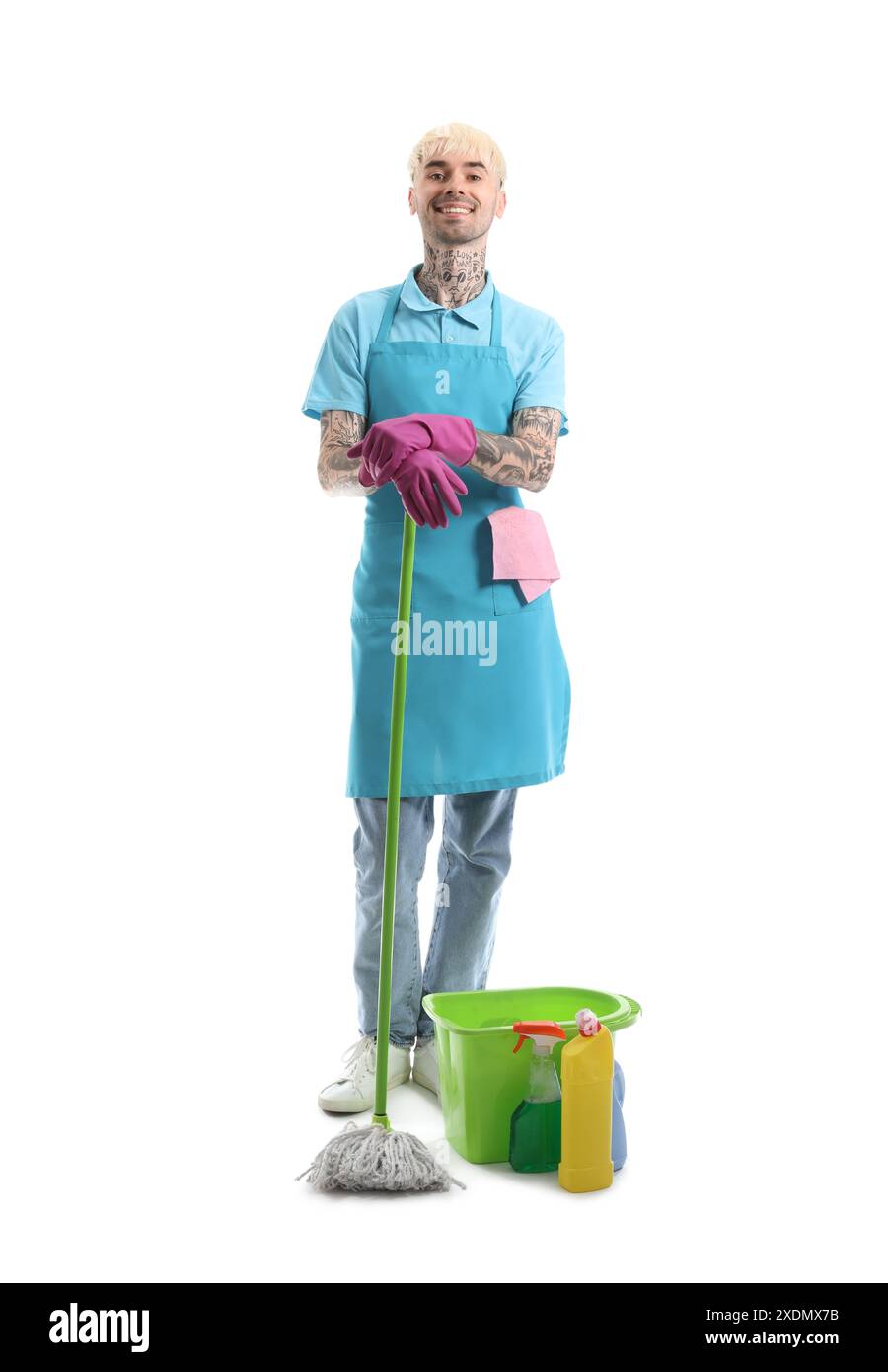 Man with cleaning products Cut Out Stock Images & Pictures - Alamy