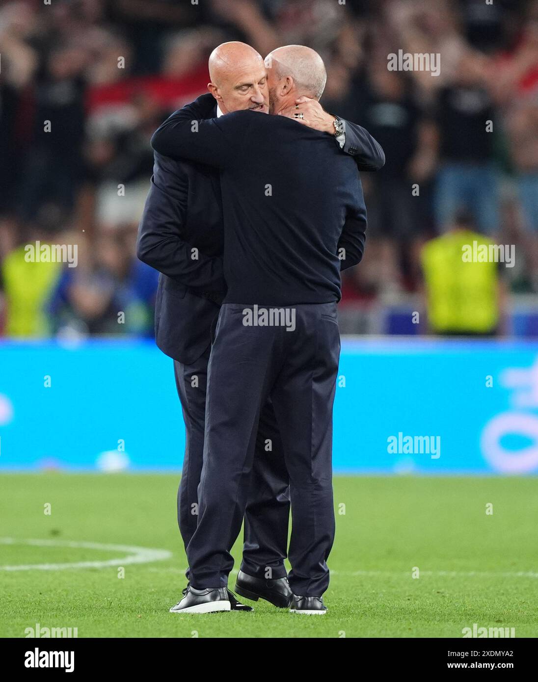 Scotland manager Steve Clarke (left) is embraced by Hungary manager ...