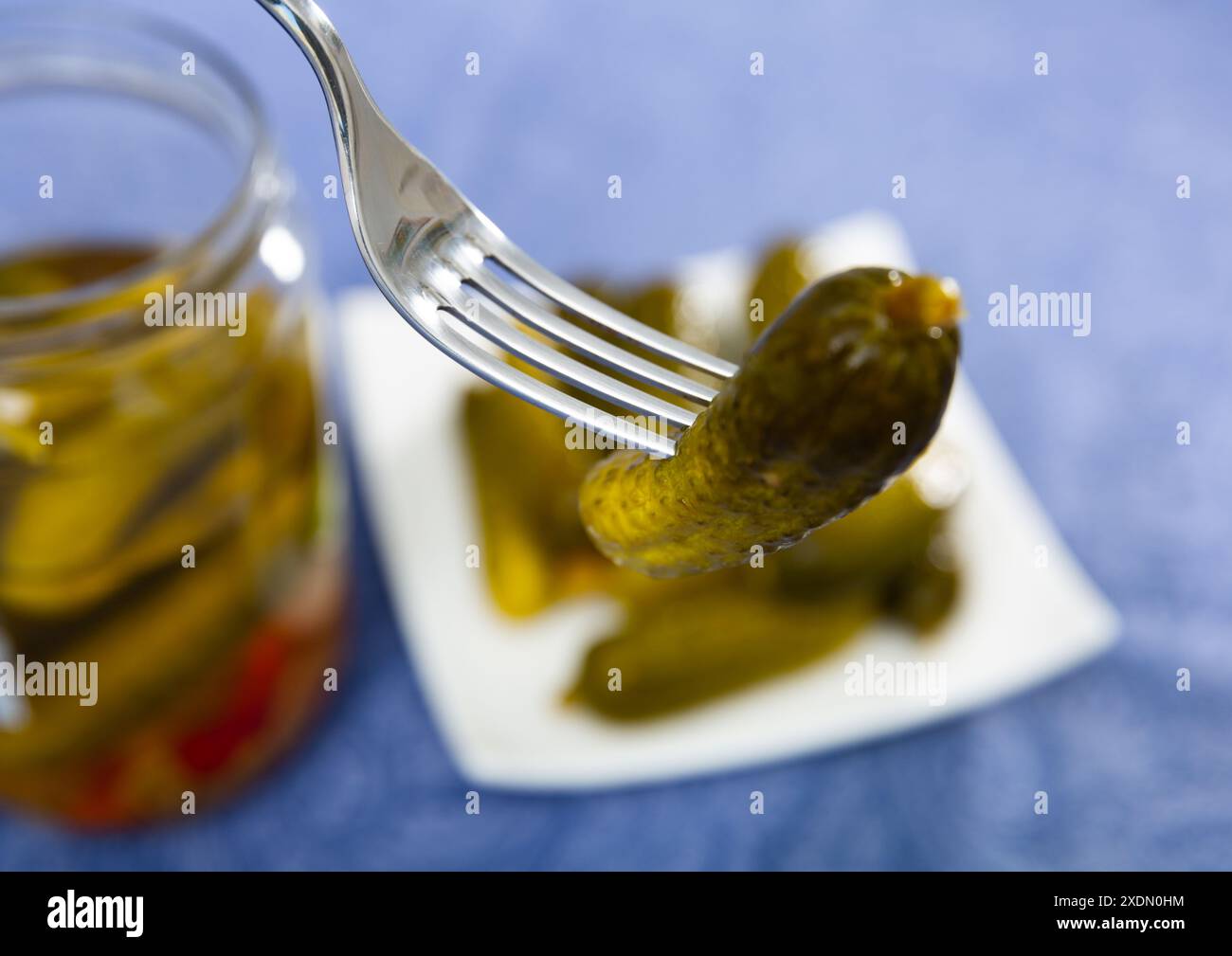 One pickled cucumber on fork, homemade preserves Stock Photo - Alamy