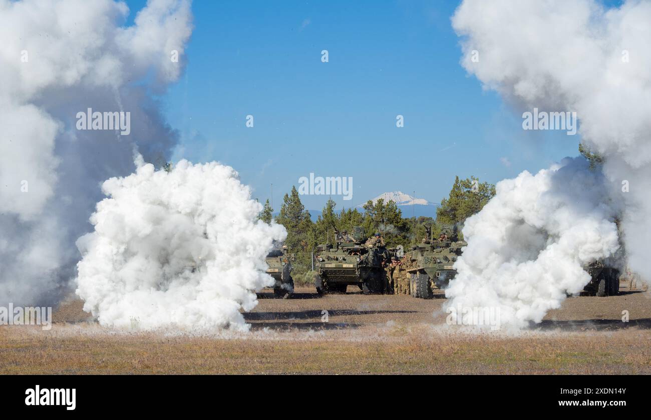 A Troop M1127 Reconnaissance Vehicle (RV) Strykers simultaneously ...