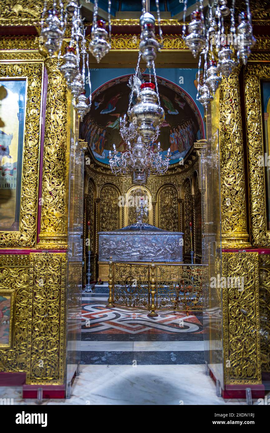 Silver casket inside the Church of St Agios Dionysios with the remains ...
