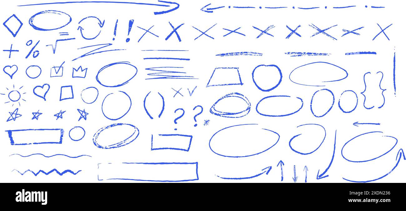 Blue underline pencil hand drawn various ellipses, punctuation marks ...