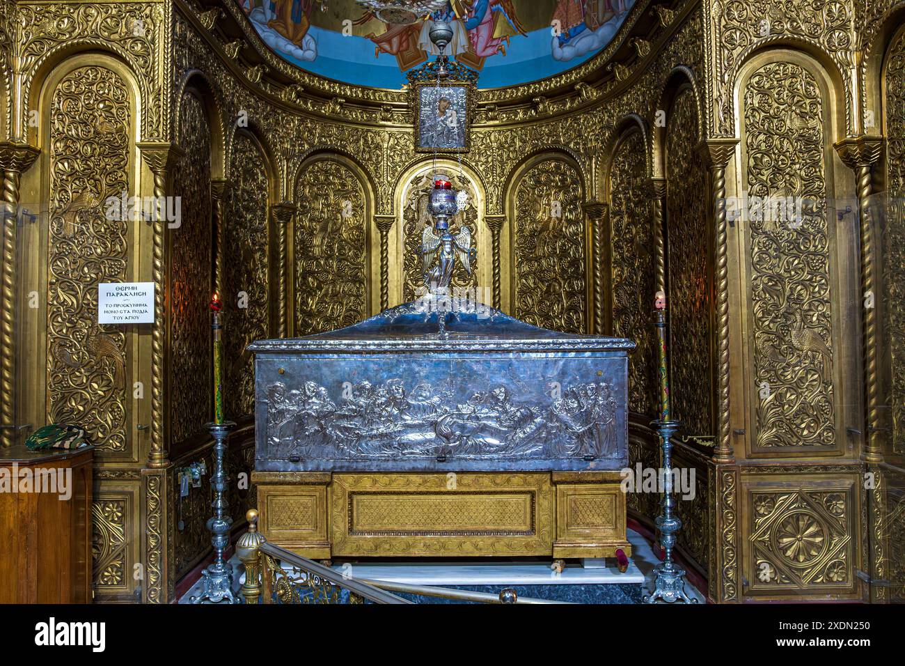 Silver casket inside the Church of St Agios Dionysios with the remains ...