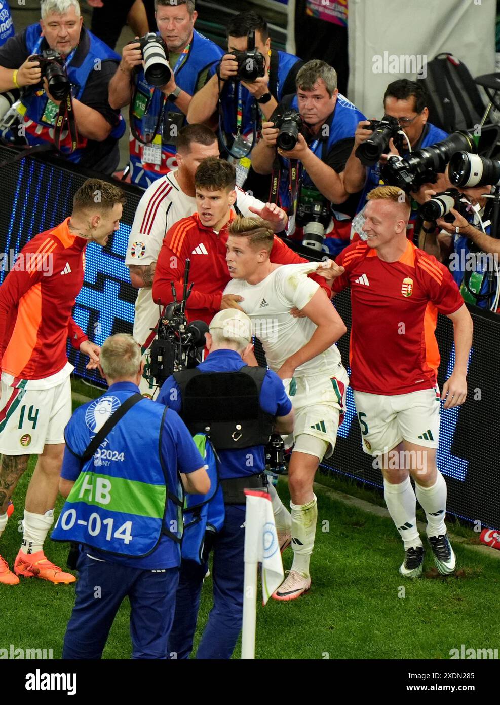 Hungary's Kevin Csoboth (centre white shirt) is mobbed by his team ...
