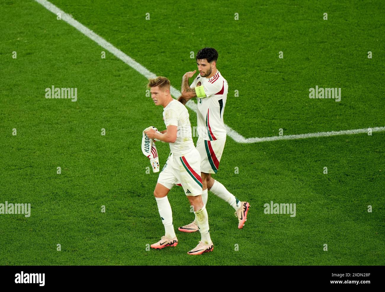 Hungary's Kevin Csoboth (left) is congratulated by his team mate ...
