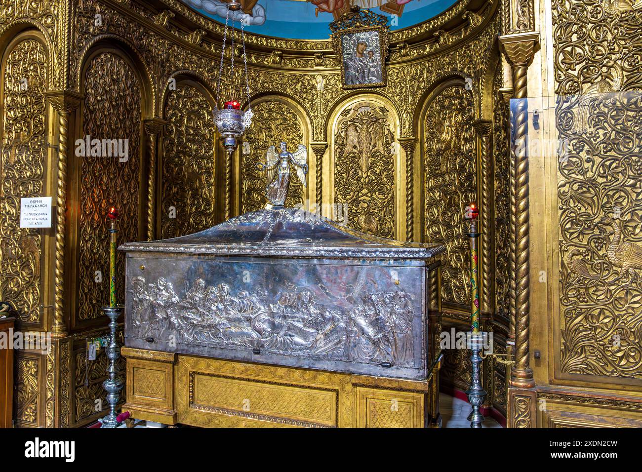 Silver casket inside the Church of St Agios Dionysios with the remains ...