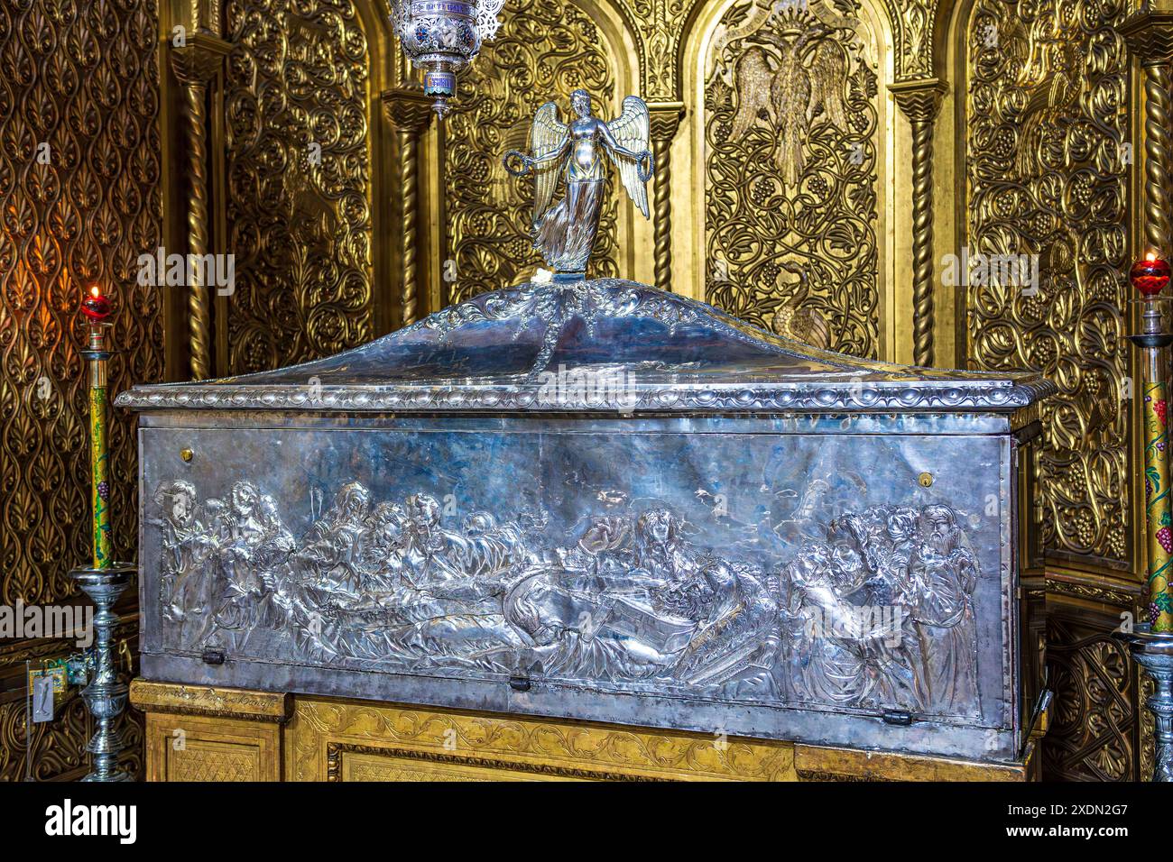 Silver casket inside the Church of St Agios Dionysios with the remains ...
