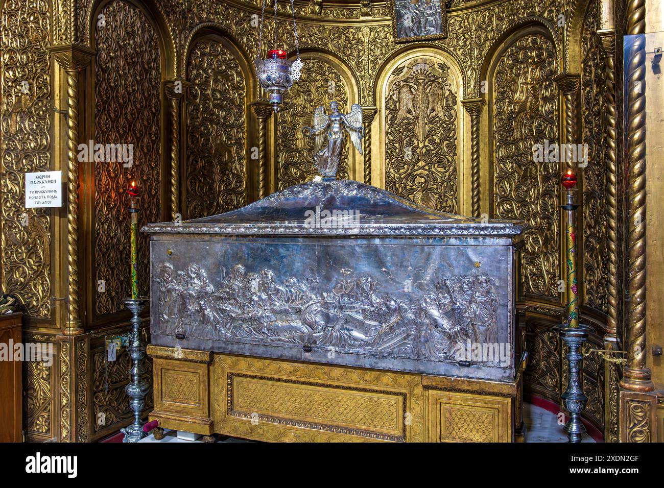 Silver casket inside the Church of St Agios Dionysios with the remains ...