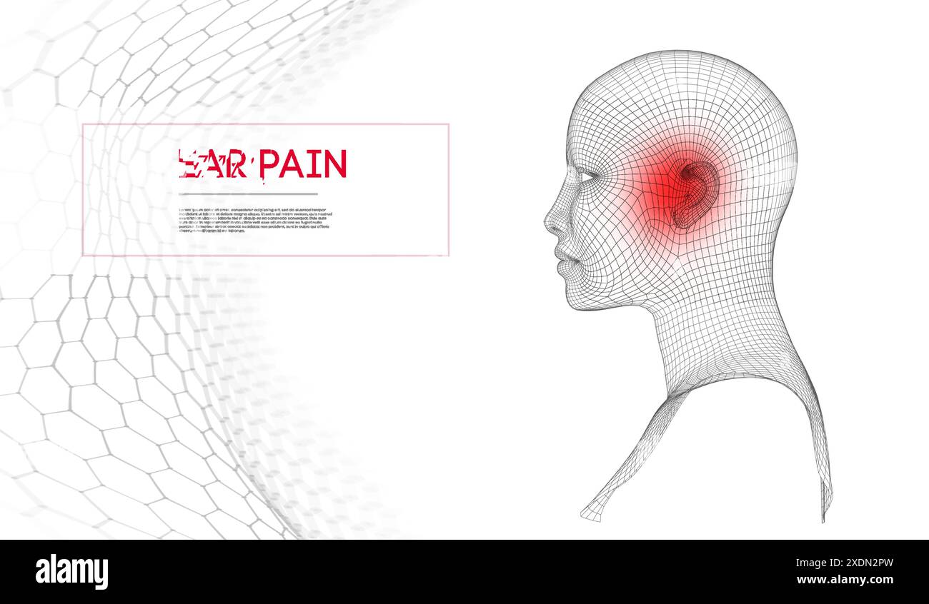 3D Human Face Wireframe with Highlighted Ear Pain Area Stock Vector ...