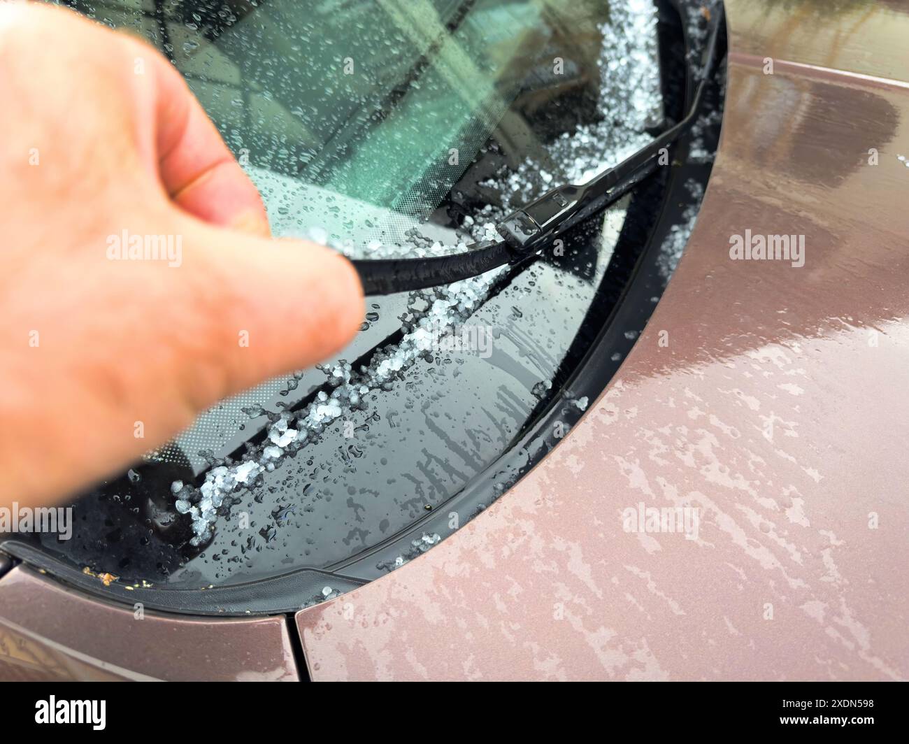 A man cleaning hailstones off a car windshield after a tempest ...